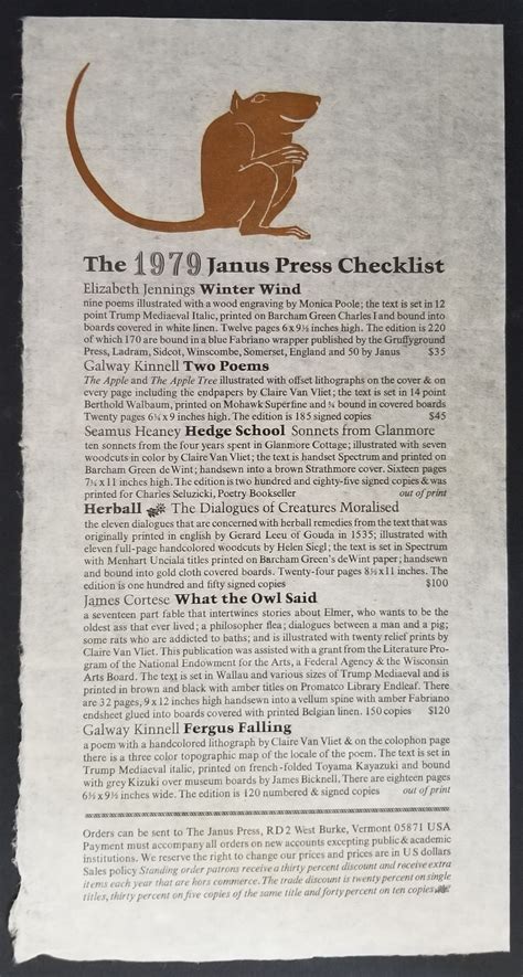 The 1979 Janus Press Checklist Janus Press First Edition