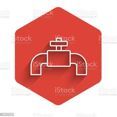 흰색 선 산업 금속 파이프와 밸브 아이콘은 긴 그림자 배경으로 분리되어 있습니다 빨간색 육각형 버튼입니다 벡터 밸브에 대한 스톡 벡터 아트 및 기타 이미지 Istock