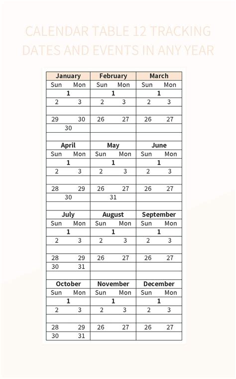 Calendar Table 12 Tracking Dates And Events In Any Year Excel Template