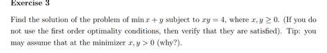 solved find the solution of the problem of minx y subject to