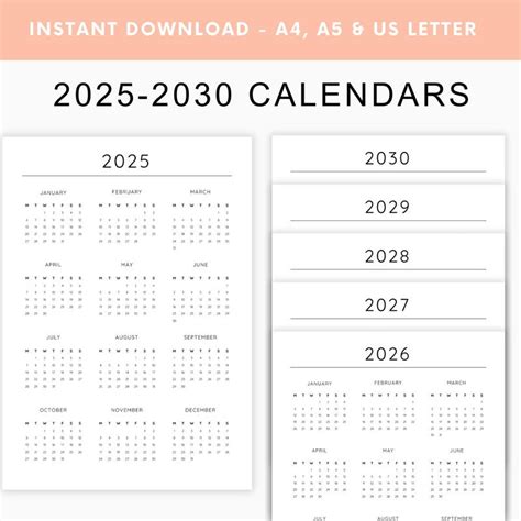 5 Year Calendar 2026 2030 Etsy