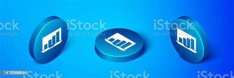 파란색 배경에 격리 된 그래프 차트 아이콘이있는 등색 노트북 텍스트 파일 아이콘을 보고합니다 회계 기호 감사 분석 계획 파란색 원 버튼입니다 벡터 3차원 형태에 대한 스톡