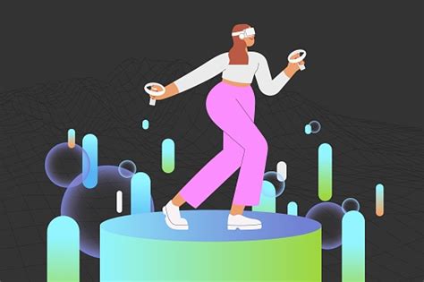 메타버스 엔터테인먼트 가상 현실 안경과 Vr 헤드셋을 착용하고 가상 세계를 상호 작용하고 탐험하는 여성과 함께 평면 벡터 일러스트레이션 미래 혁신의 개념 3차원 형태에 대한