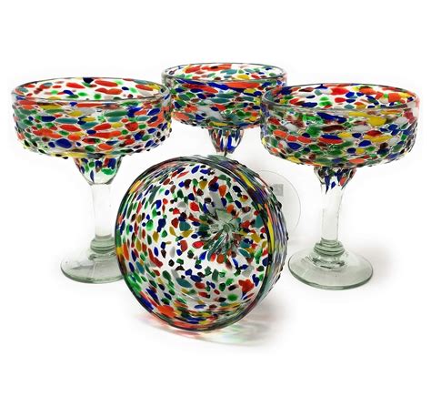 Mexican Hand Blown Glass Set Of 4 Hand Blown Margarita Glasses Confetti Rock 16 Oz