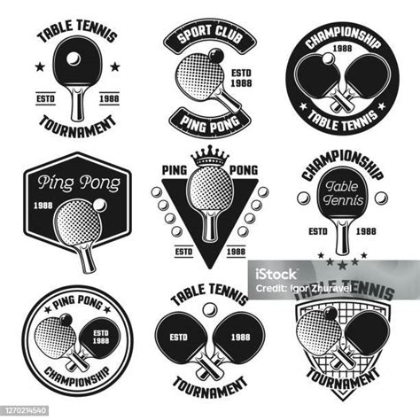 탁구 또는 탁구 벡터 블랙 엠블럼 라벨 배지 흰색 배경에 격리 된 로고 세트 디자인에 대한 스톡 벡터 아트 및 기타 이미지 디자인 라벨 라켓 Istock