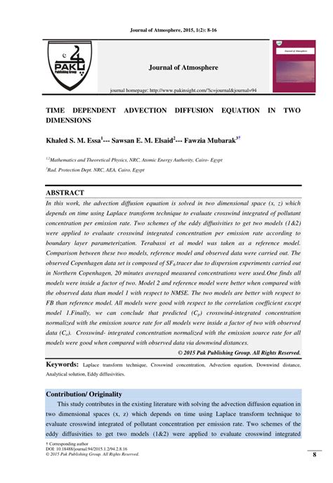 Pdf Time Dependent Advection Diffusion Equation In Two Dimensions