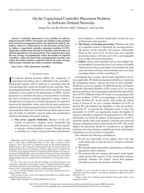 Pdf On The Capacitated Controller Placement Problem In Software Defined Networks