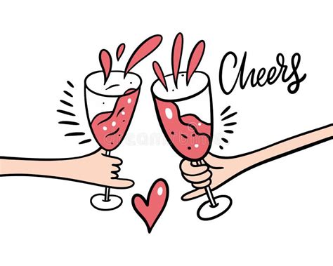 Hands With Pink Wine Glasses Cartoon Style Vector Illustration Cheers Lettering Phrase Stock
