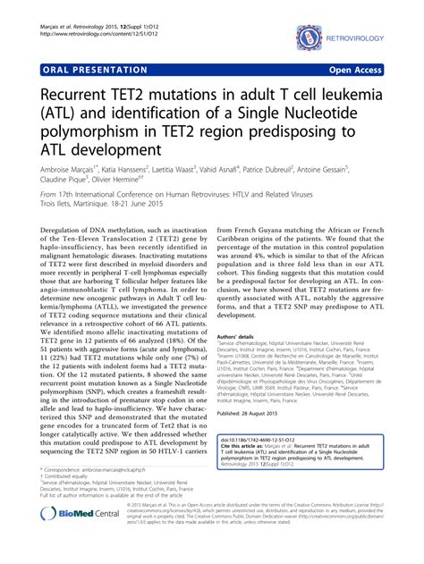 Pdf Recurrent Tet2 Mutations In Adult T Cell Leukemia Atl And Identification Of A Single