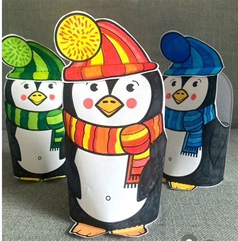 Пингвины в ярких шапочках Поделка из бумаги шаблон СУНДУЧОК для воспитателей и родителей