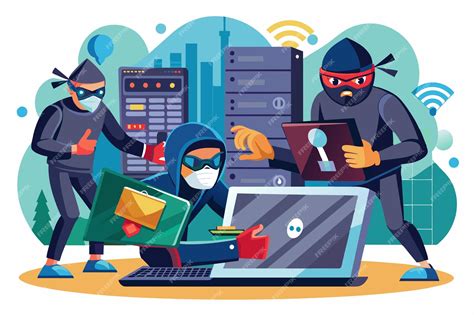 a group of hackers executes a data breach working on laptops and