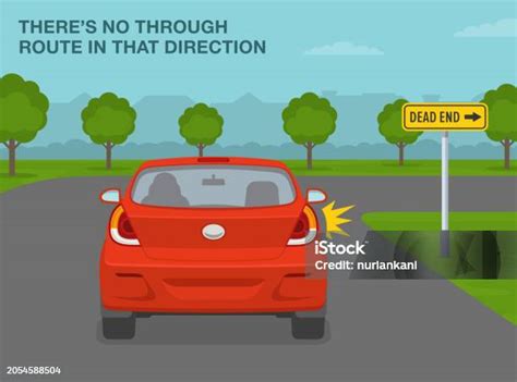 안전 운전 요령 및 교통 법규 오른쪽 기호 의미의 막다른 골목 우회전하는 빨간 차의 뒷모습 벡터 일러스트 레이 션 템플릿 막다른 길에 대한 스톡 벡터 아트 및 기타 이미지