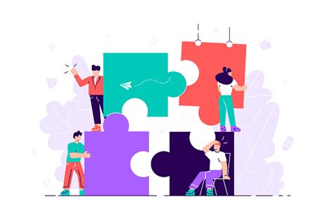 비즈니스 개념입니다 팀 은유 사람들은 퍼즐 요소를 연결합니다 벡터 일러스트 플랫 디자인 스타일입니다 팀워크 협력 웹 페이지