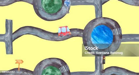 도로 침대 녹색 잔디 호수 빨간 자동차 신호등 및 도로 표지판과 원활한 패턴 섬유 디자인 벽지 포장 또는 아기 침구에 대한 수채화 배경 거리에 대한 스톡 벡터 아트 및 기타