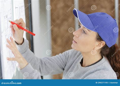 Female Engineer Checks Correctness Blueprint Stock Image Image Of