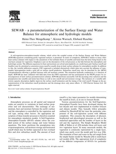 Pdf Sewab A Parameterization Of The Surface Energy And Water
