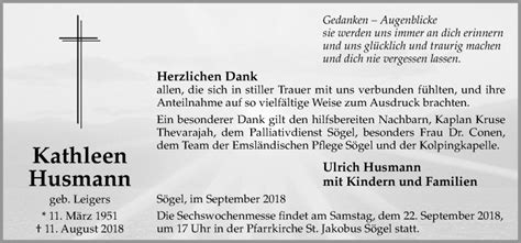 Traueranzeigen Von Kathleen Husmann Noz Trauerportal