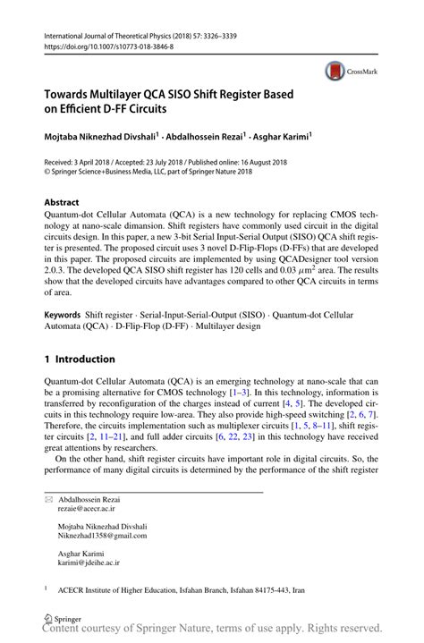 Towards Multilayer Qca Siso Shift Register Based On Efficient D Ff