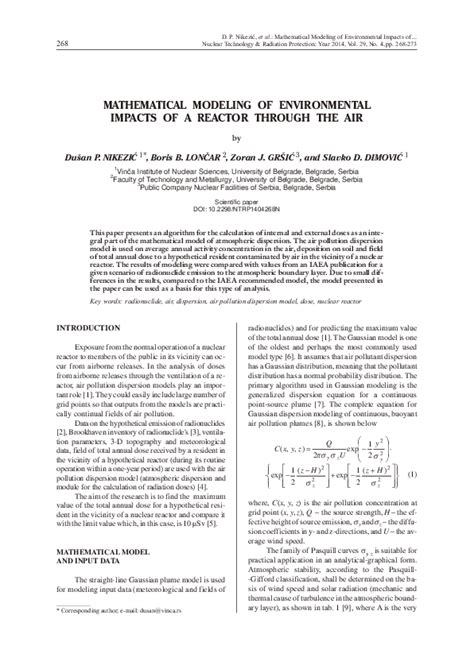 Pdf Mathematical Modeling Of Environmental Impacts Of A Reactor Through The Air