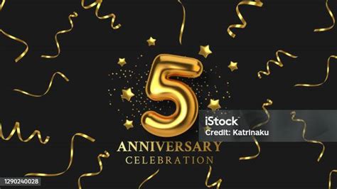 5주년 기념 행사 황금 풍선의 형태로 번호 사실적인 3d 골드 숫자와 반짝이는 색종이 뱀 생일 또는 결혼식 이벤트에 대한 수평 템플릿 벡터 5에 대한 스톡 벡터 아트 및