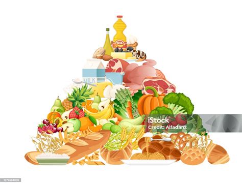 다양한 유형의 음식 벡터 그림이 있는 건강한 식생활 피라미드 감자 요리에 대한 스톡 벡터 아트 및 기타 이미지 감자 요리 고기 고추류 Istock