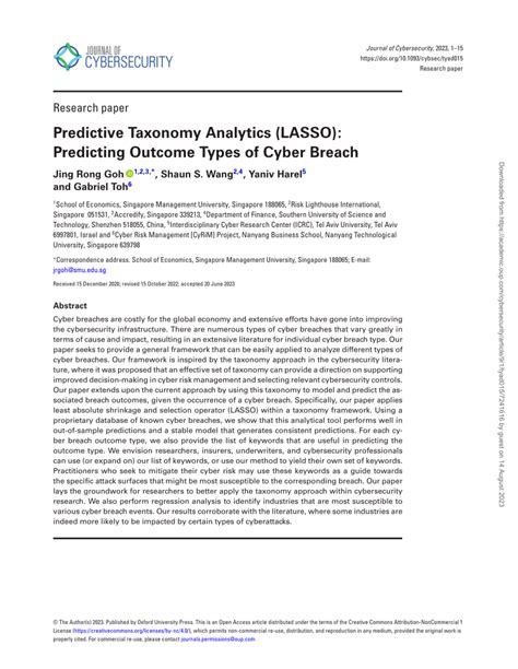 Pdf Predictive Taxonomy Analytics Lasso Predicting Outcome Types Of Cyber Breach