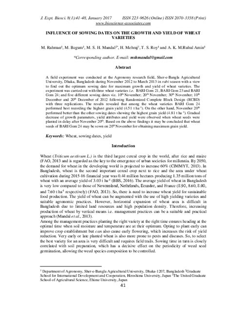 Pdf Influence Of Sowing Dates On The Growth And Yield Of Wheat Varieties