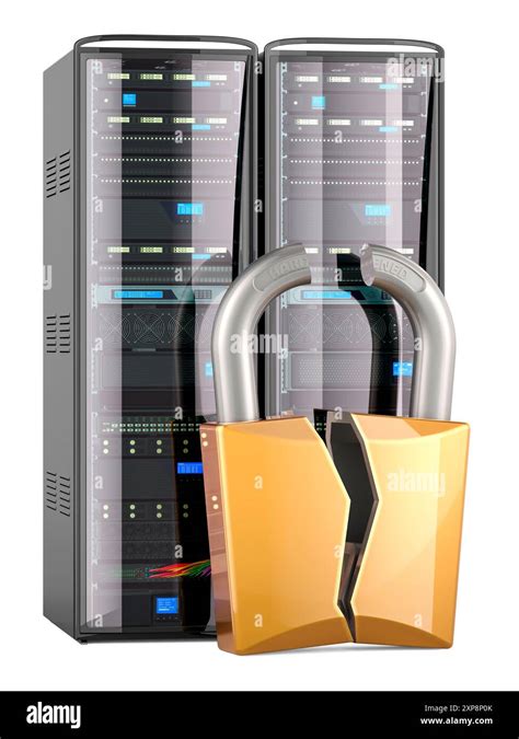 Hacking Server Concept Computer Server Rack With Broken Padlock 3d Rendering Isolated On