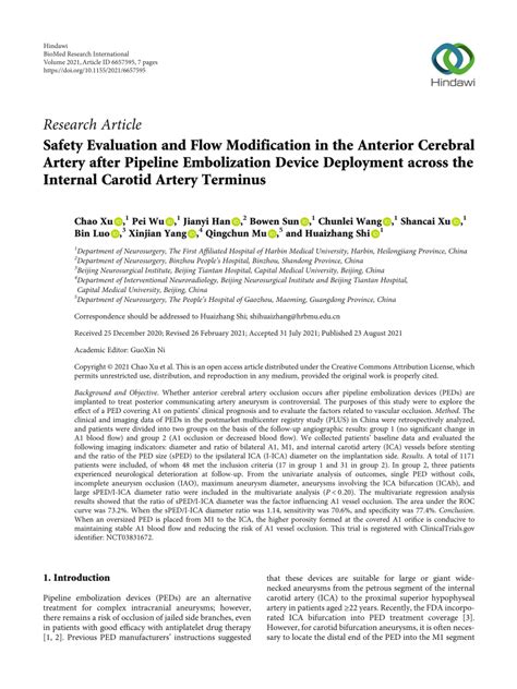 Pdf Safety Evaluation And Flow Modification In The Anterior Cerebral
