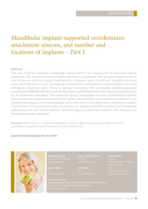Pdf Peer Reviewed Mandibular Implant Supported Overdentures Attachment Systems And Number