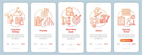 개념과 모바일 앱 페이지 화면을 온보딩 시간 전략 회사 계획 마케팅 연습 5 단계 그래픽 지침입니다 Rgb 색상 일러스트레이션이 있는 Ui 벡터 템플릿 개념에 대한 스톡