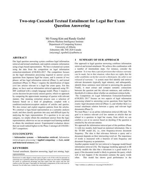 Pdf Two Step Cascaded Textual Entailment For Legal Bar Exam Question Answering