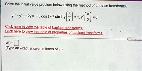 Solved Solve The Initial Value Problem Below Using The Method Of Laplace Transforms I Y Y