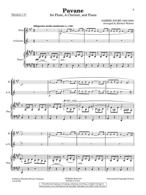 Faure Pavane Op 50 For Clarinet Flute And Piano Arr Webster Presser