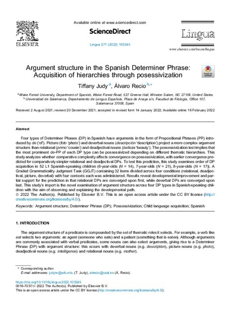 Pdf Argument Structure In The Spanish Determiner Phrase Acquisition