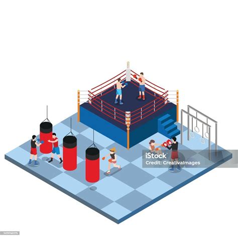 복싱 연습 시설을 갖춘 현대적인 체육관 인테리어 아이소메트릭 3d 개념에 대한 스톡 벡터 아트 및 기타 이미지 개념 권투