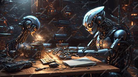 Premium Ai Image A Cute Robot Using Computer