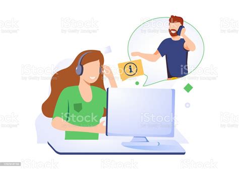 헤드셋을 가진 여성이 컴퓨터에 앉아 클라이언트와 이야기하고 있습니다 고객 지원 콜센터 핫라인 운영자 콜 센터에 대한 스톡 벡터 아트 및 기타 이미지 Istock