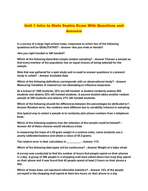 Unit 1 Intro To Stats Sophia Exam With Questions And Answers Browsegrades
