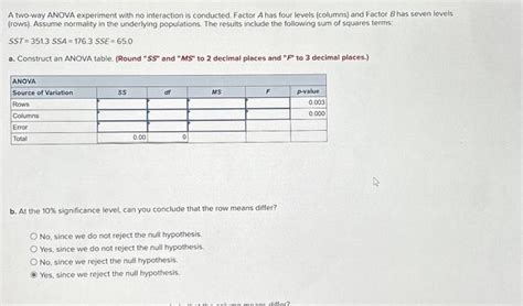 solved a two way anova experiment with no interaction is
