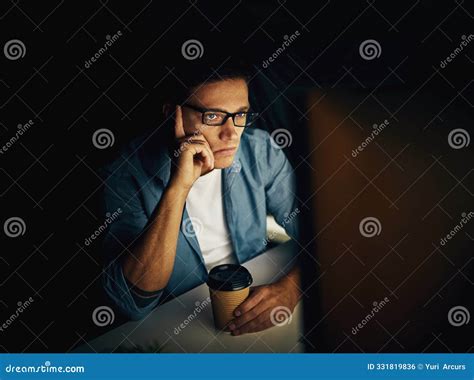 Man Computer And Tired At Night With Coffee For Programming Coding Or Cybersecurity Research