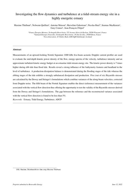 Pdf Investigating The Flow Dynamics And Turbulence At A Tidal Stream Energy Site In A Highly