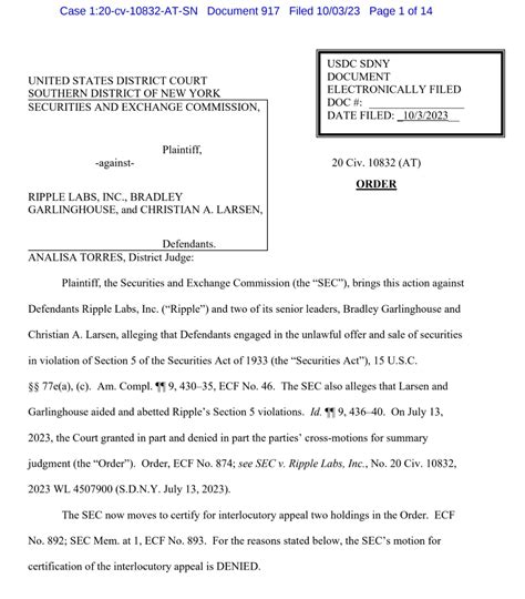 상보 美 법원 Sec 리플 판결 중간항소 기각정식재판 내년 4월 다시 열린다 블록미디어