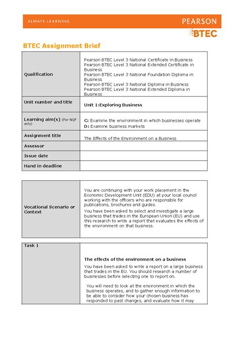 Authorised Assignment Brief For Learning Aims C And D Unit 1 Exploring Business Version 2 April