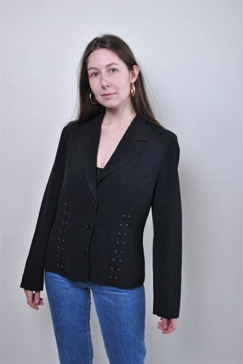 90s Woman Formal Suit Jacket In Black Vintage Treen Gem