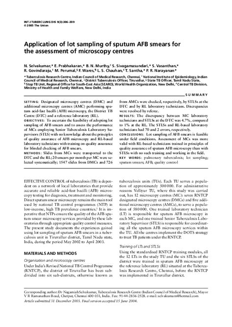 Pdf Application Of Lot Sampling Of Sputum Afb Smears For The Assessment Of Microscopy Centres