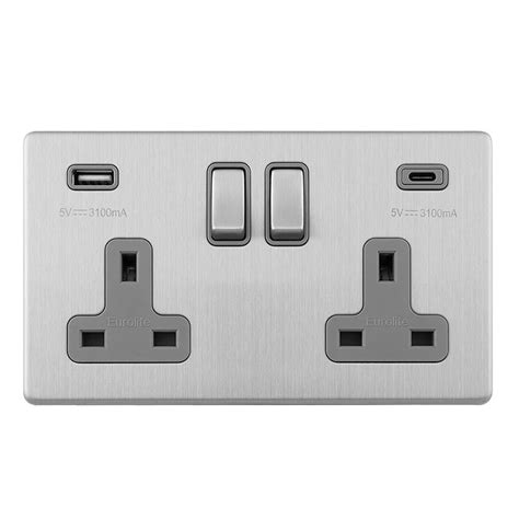 Ellis And Co Twin Plug Socket With Usb And Usbc Stainless Steel Grey Trim