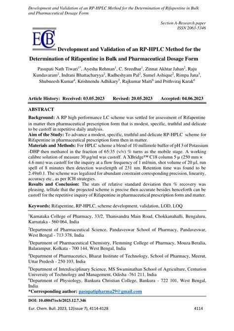 Pdf Development And Validation Of An Rp Hplc Method For The Determination Of Rifapentine In