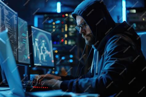 Premium Ai Image Hacker At Work With Graphic User Interface Around Hacker At Work With Graphic