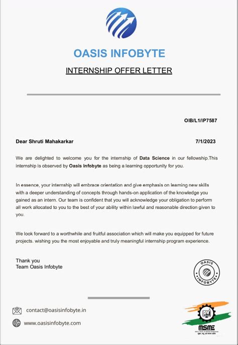 Intern Opportunity Datascience Oasisinfobyte Python Offerletter